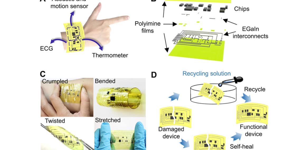 Rigid Chip Components for Self-healable and Recyclable Wearable Electronics