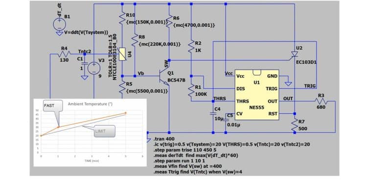 NTC Thermistor in Fire Alarm Application LTSpice Simulation